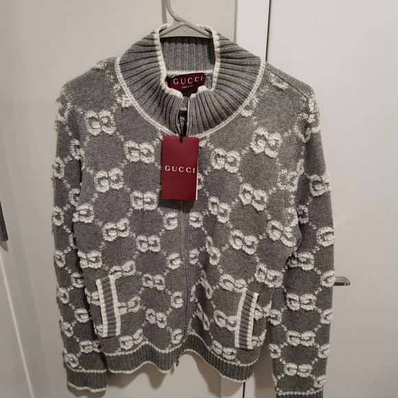 Gucci | Sweaters | Gucci Gray And White Zip Up Sweater With Ribbed ...